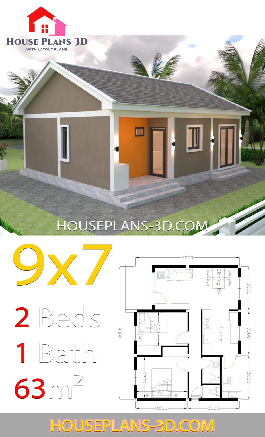 House Plans 9x7 with 2 Bedrooms Gable Roof - House Plans 3D