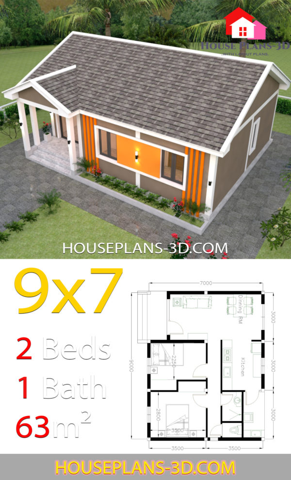House Plans 9x7 with 2 Bedrooms Gable Roof - House Plans 3D