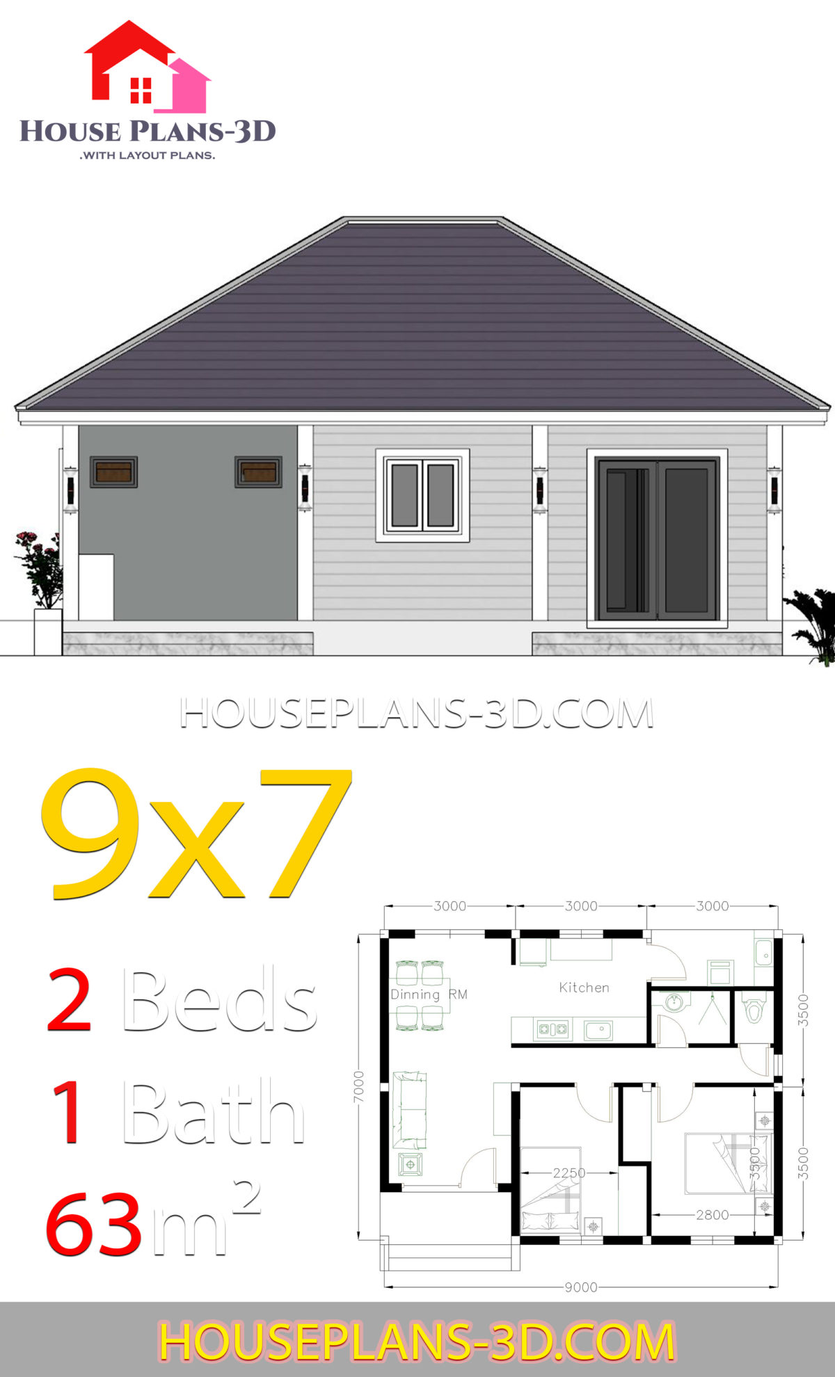 House Plans 9x7 with 2 Bedrooms Hip Roof - House Plans 3D
