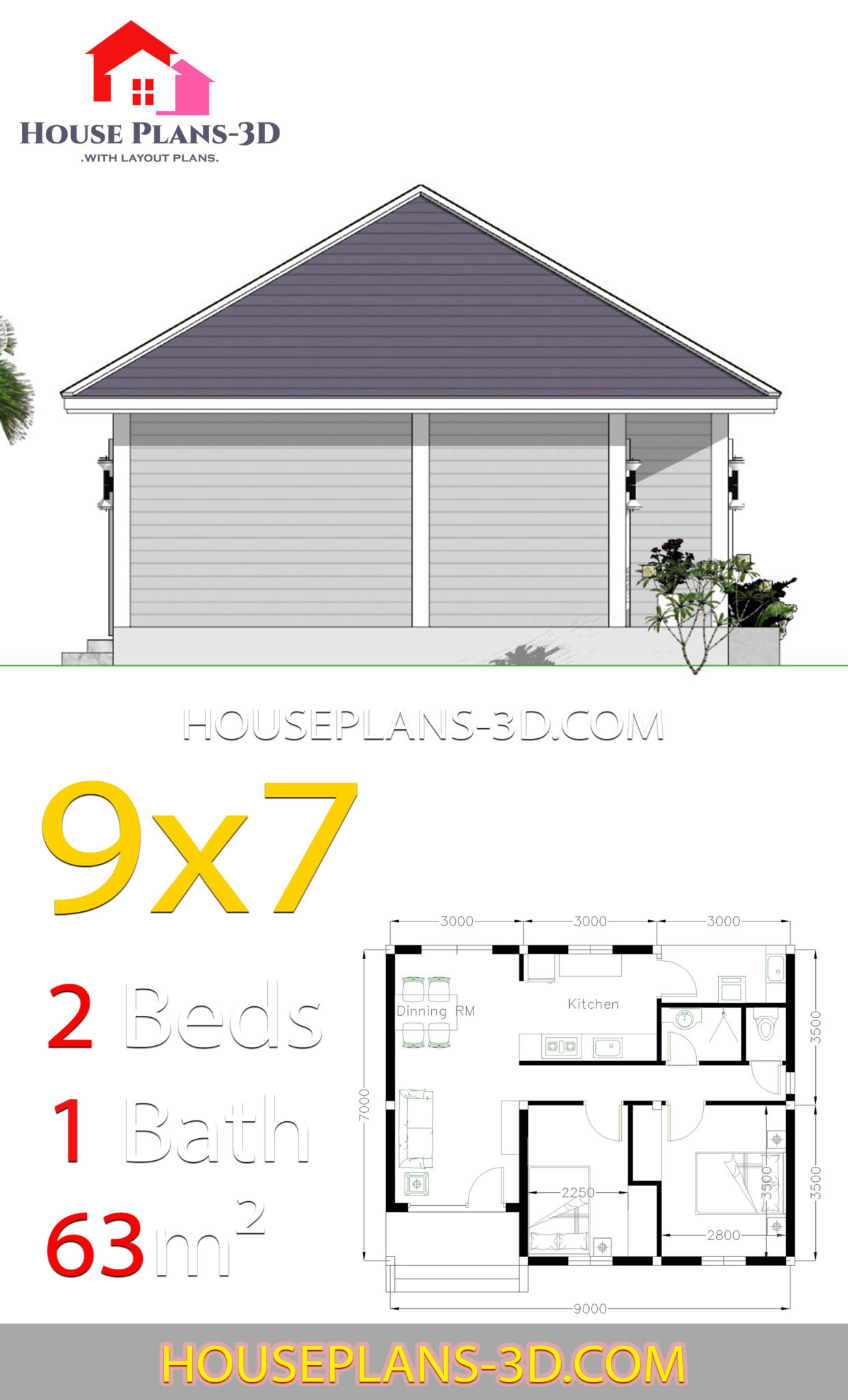 House Plans 9x7 with 2 Bedrooms Hip Roof - House Plans 3D