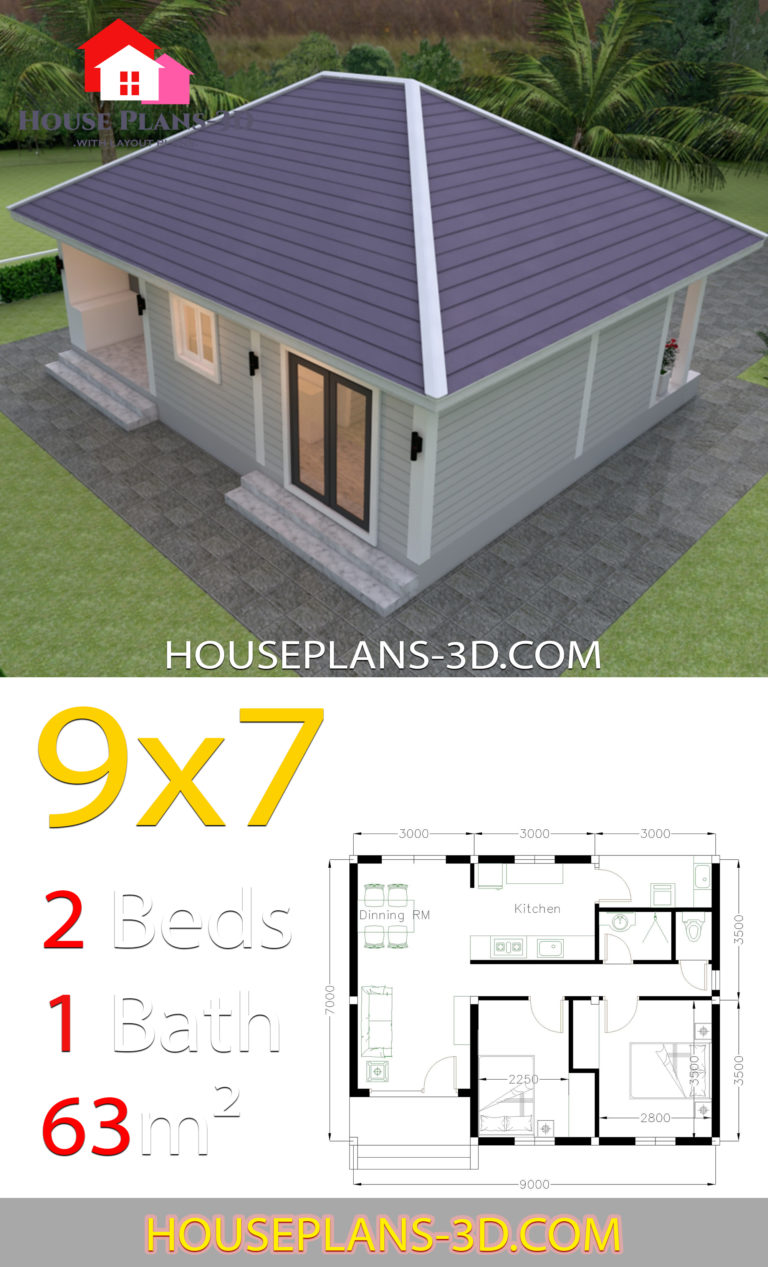 House Plans 9x7 with 2 Bedrooms Hip Roof - House Plans 3D