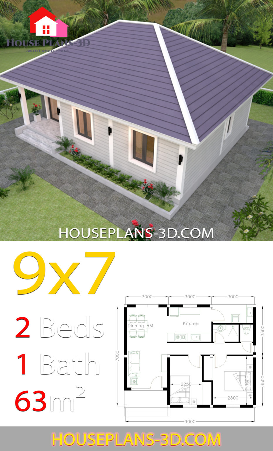 House Plans 9x7 with 2 Bedrooms Hip Roof - House Plans 3D