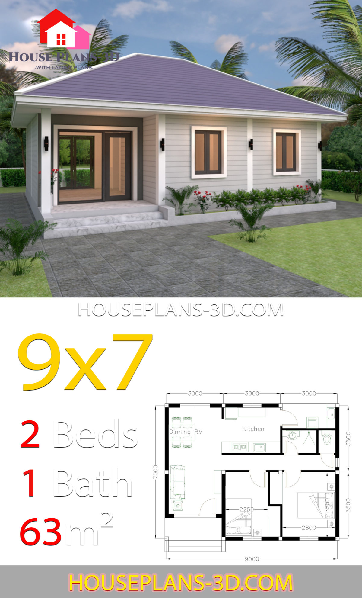 House Plans 9x7 with 2 Bedrooms Hip Roof - House Plans 3D