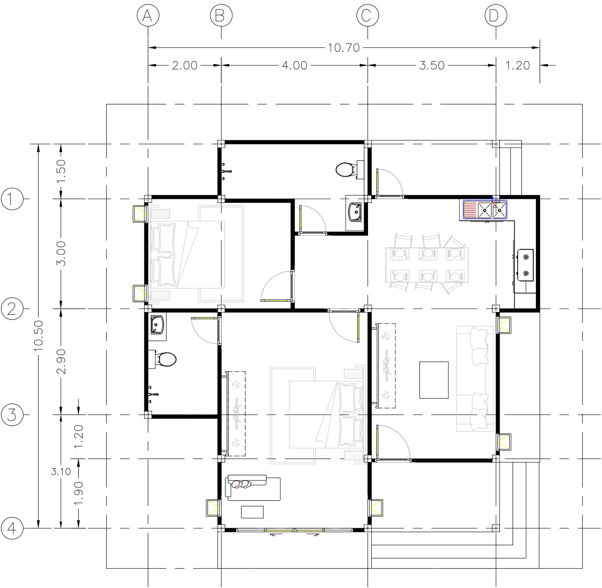 House Plans 10.7x10.5 with 2 Bedrooms Flat roof - House Plans 3D