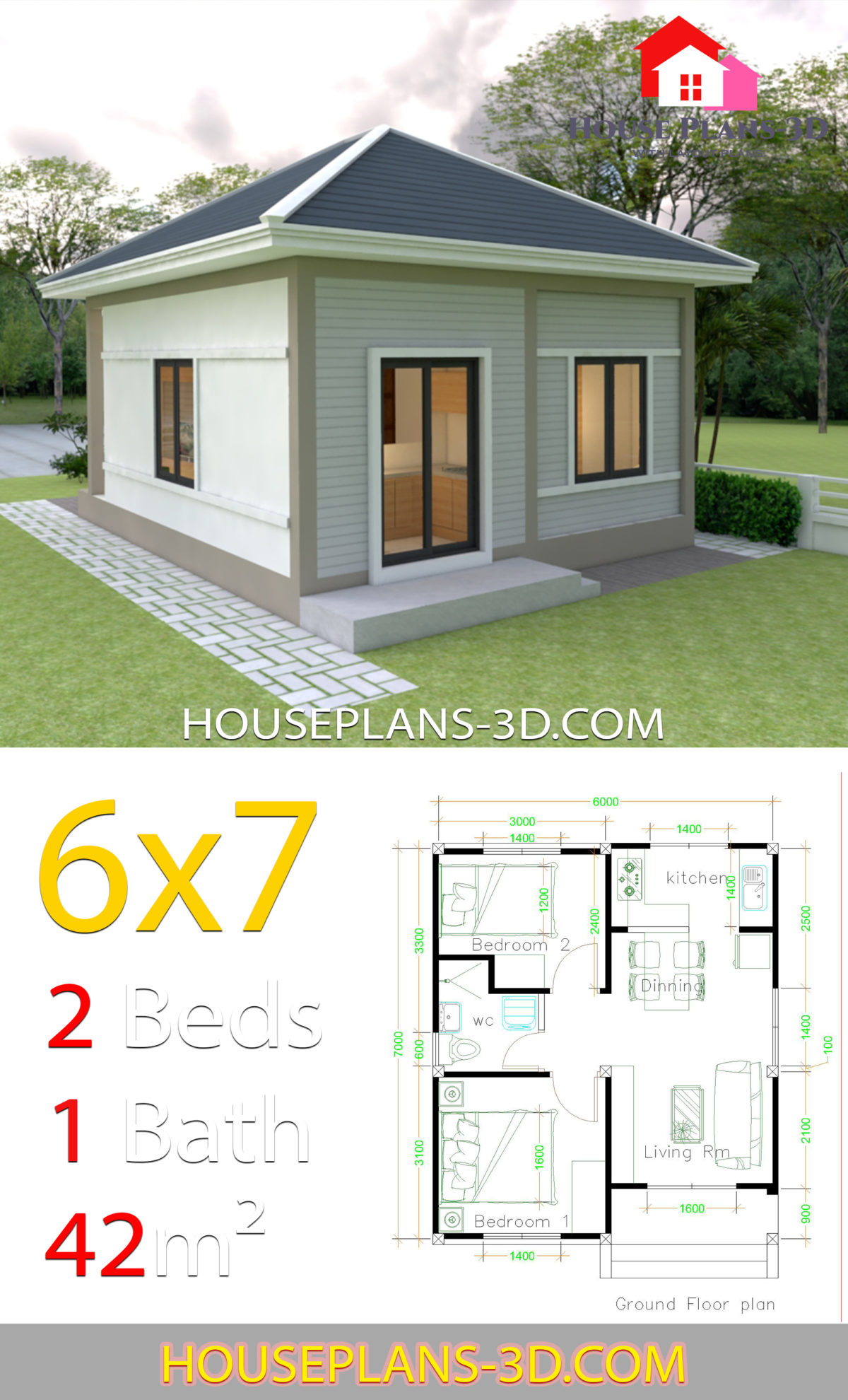 Simple House Plans 6x7 with 2 bedrooms Hip Roof - House Plans 3D