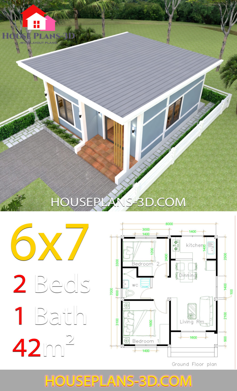 Simple House Plans 6x7 with 2 bedrooms Shed Roof - House Plans 3D