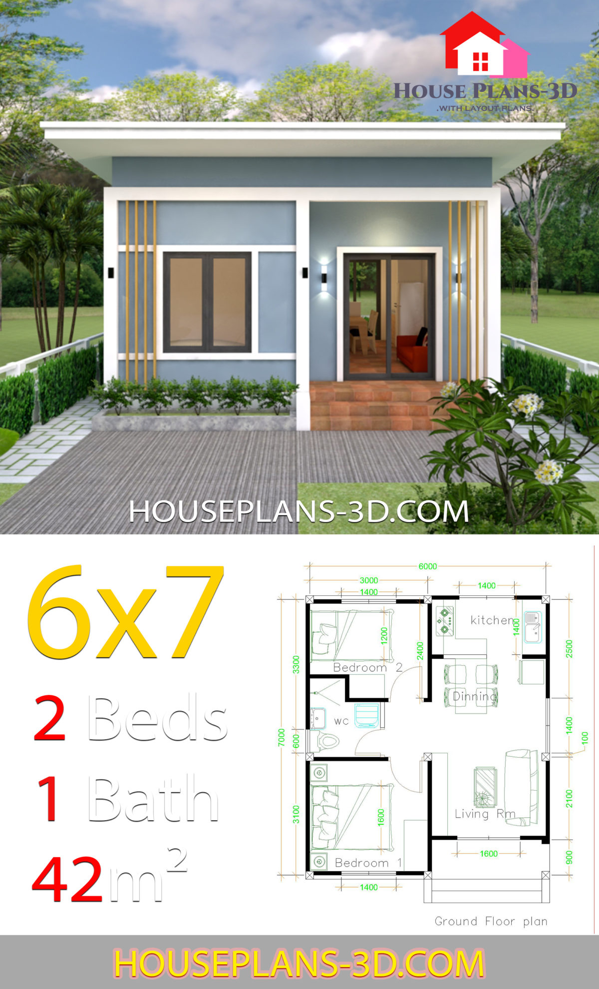 Simple House Plans 6x7 with 2 bedrooms Shed Roof - House Plans 3D