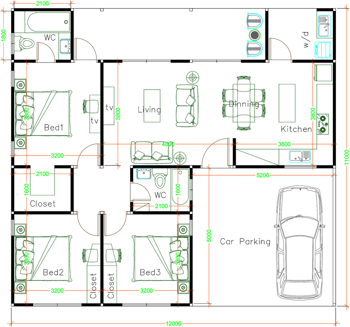 House Plans 12x11 with 3 Bedrooms Slap roof - House Plans 3D