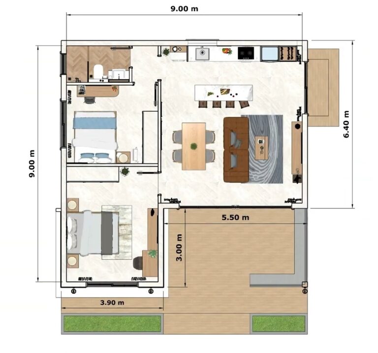 Beautiful Small House 9x9 m House Design 2 Bedrooms - House Plans 3D
