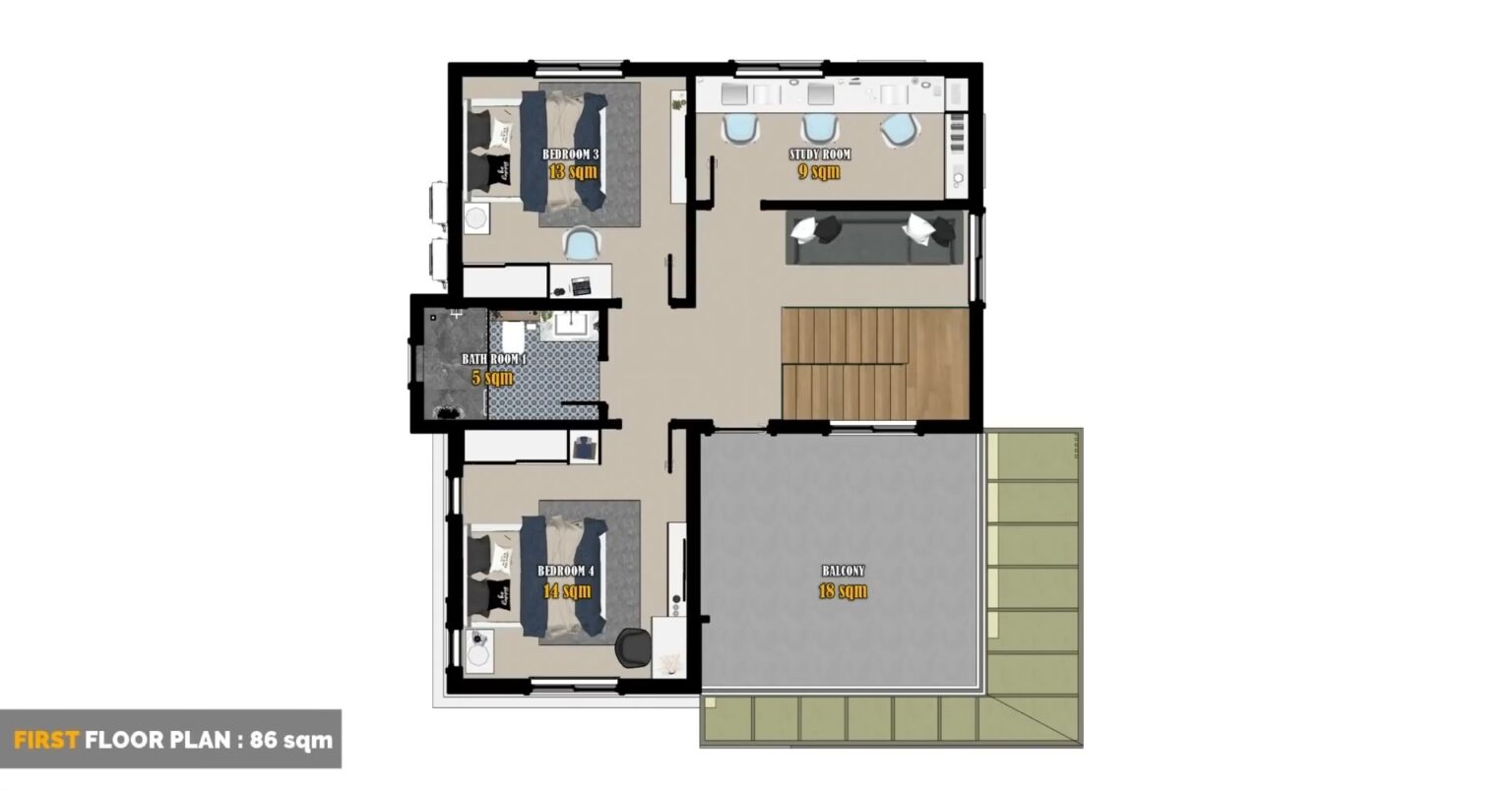 House Design 2 Storey 8.50m x 10m (85 sqm) 4 Bedrooms - House Plans 3D