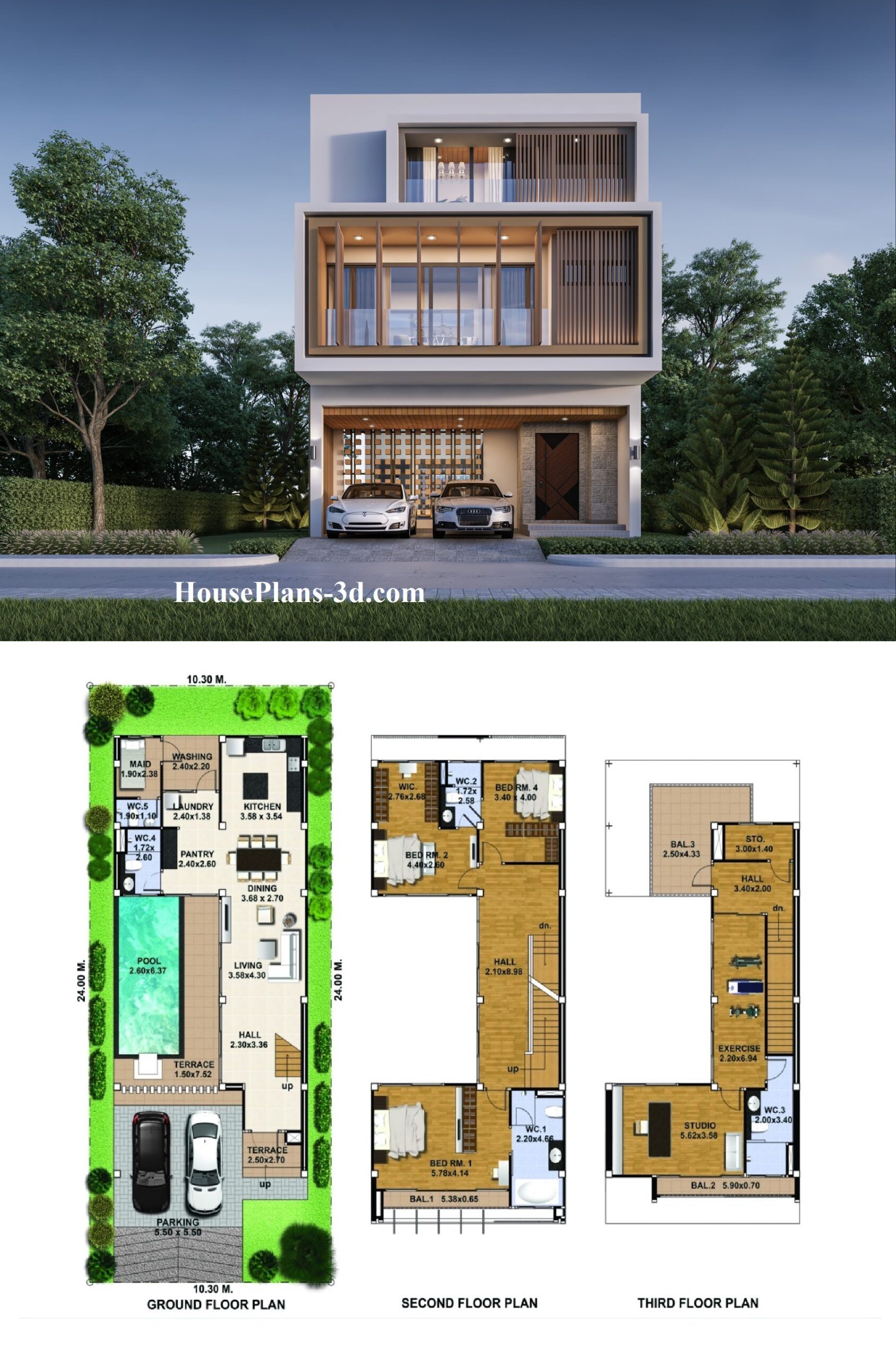 House Design Plot 11x24 Meter 3 Beds 4 Baths - House Plans 3D