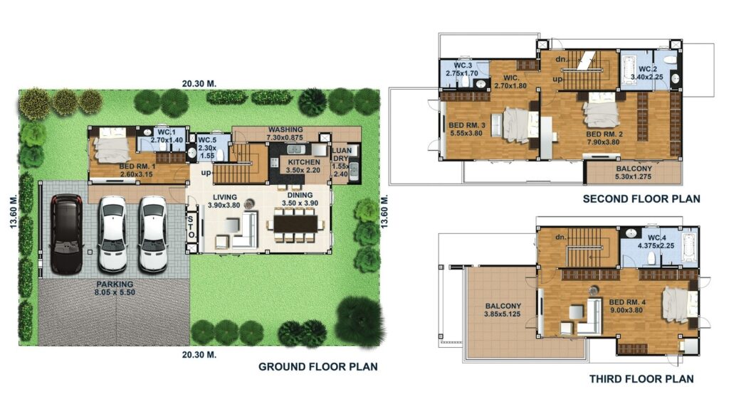 House Design Plot 20x13 Meter 4 Beds 5 Baths - House Plans 3D
