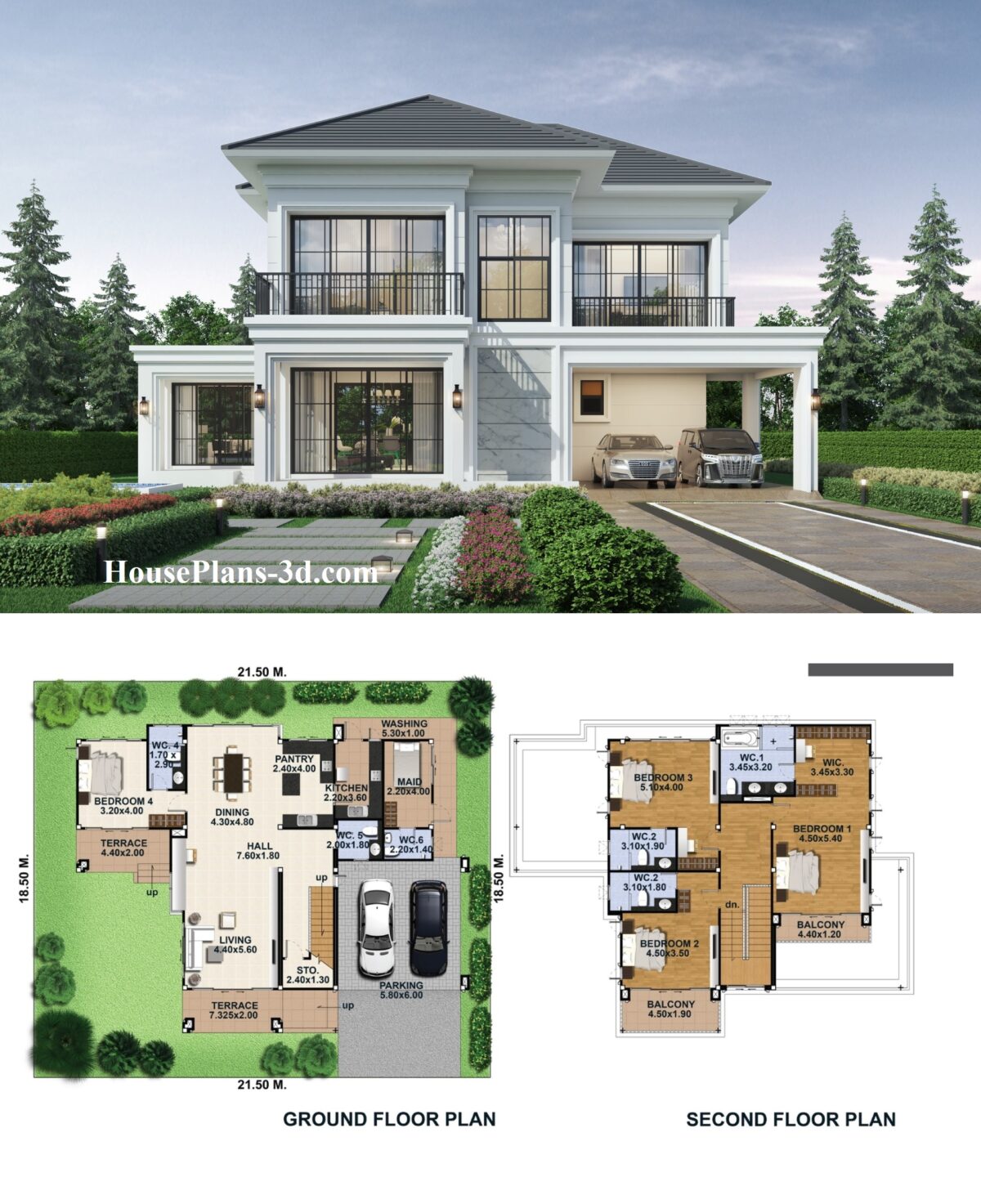 House Design Plot 21x18 Meter 5 Beds 6 Baths - House Plans 3D