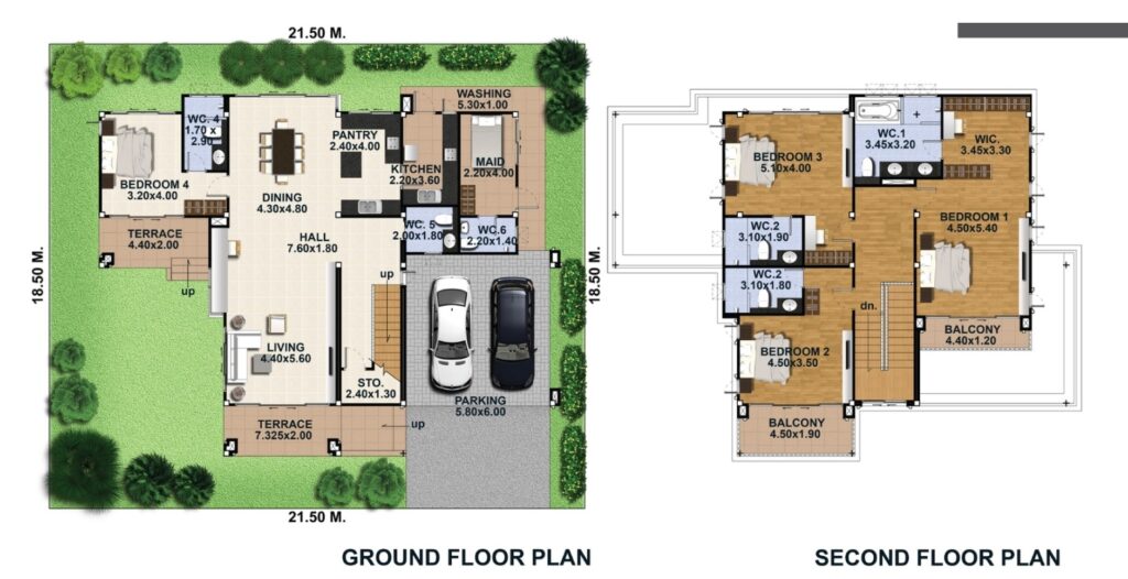 House Design Plot 21x18 Meter 5 Beds 6 Baths - House Plans 3D