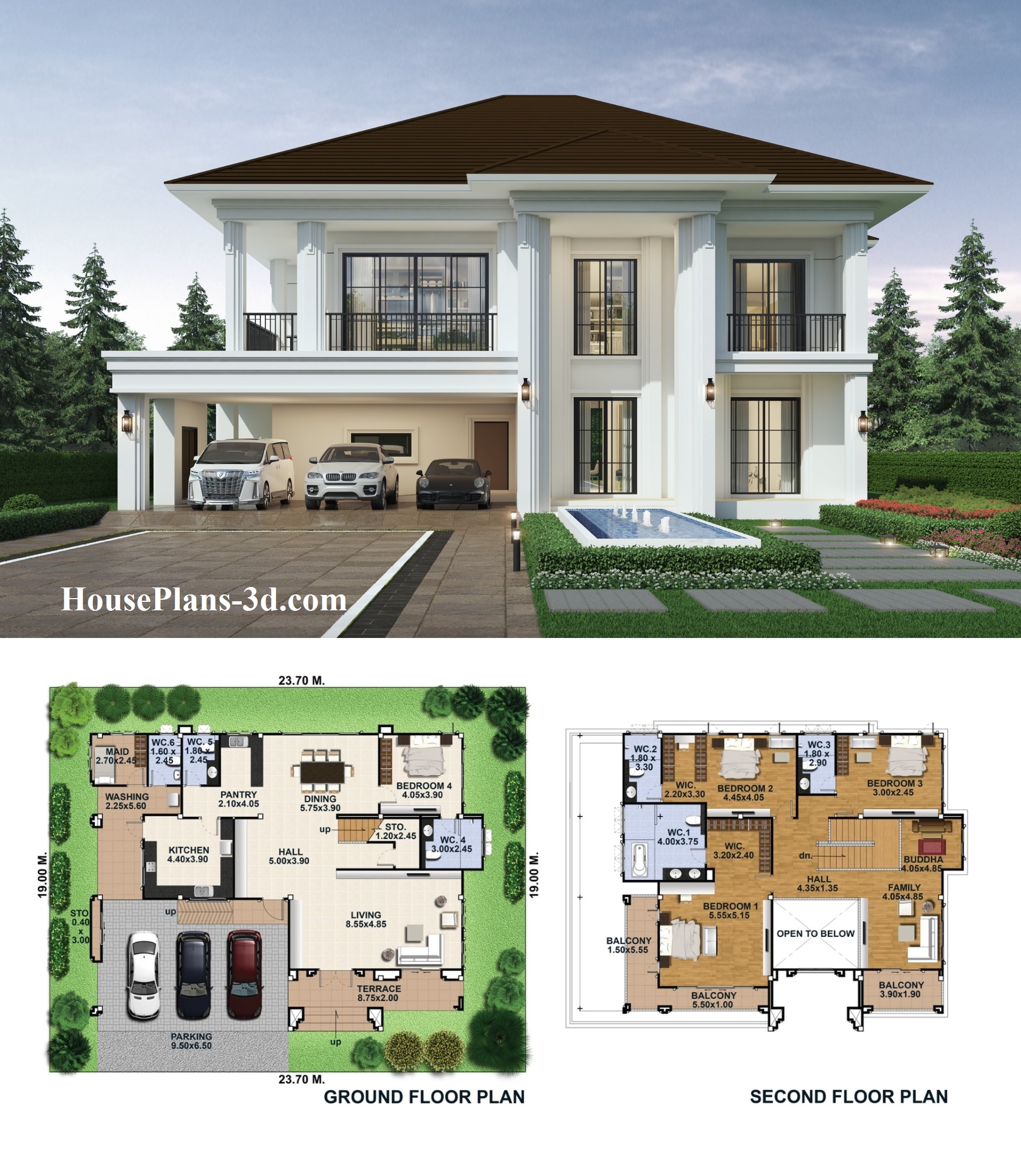 House Design Plot 23x19 Meter 4 Beds 6 Baths - House Plans 3D