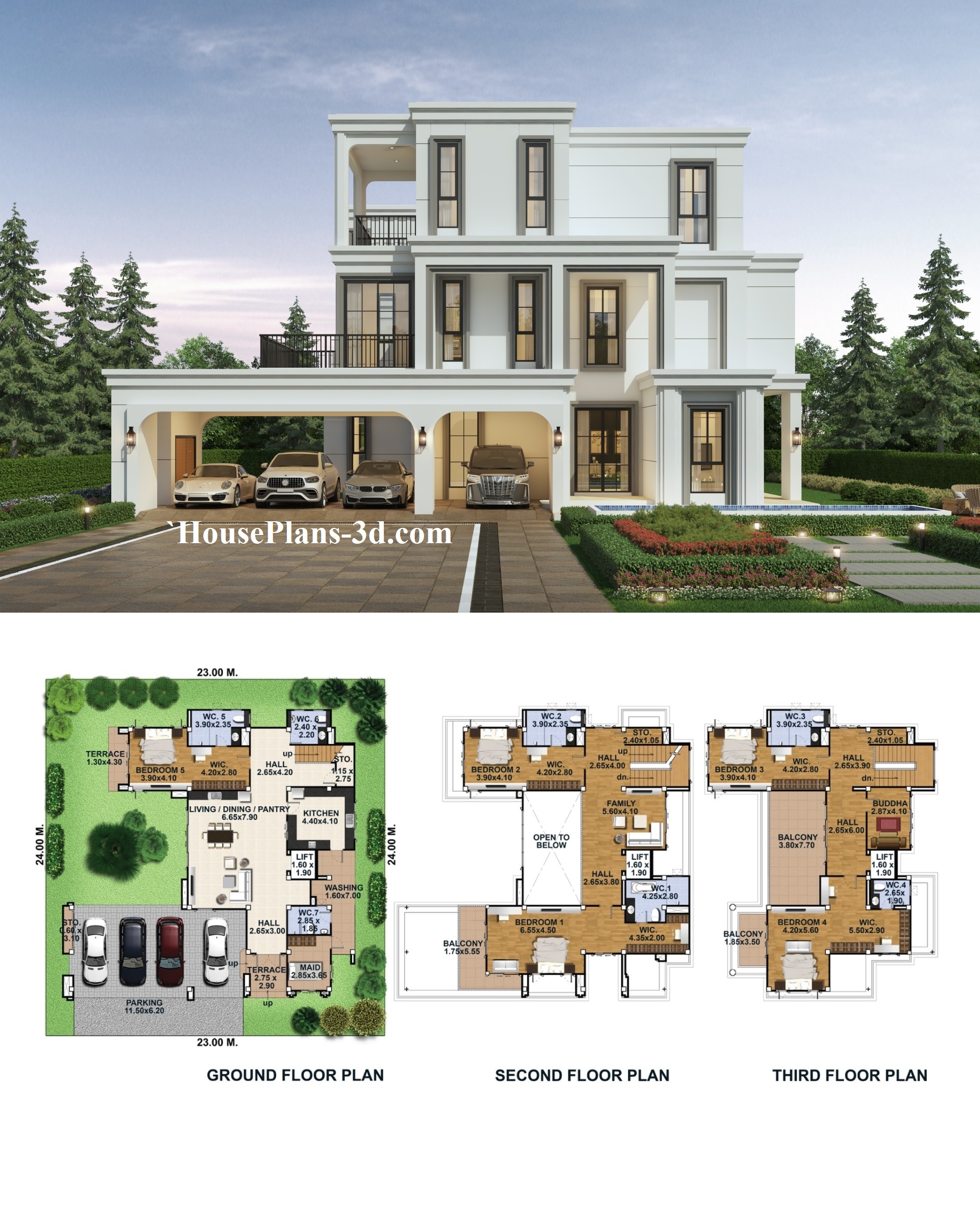House Design Plot 23x24 Meter 5 Beds 7 Baths - House Plans 3D