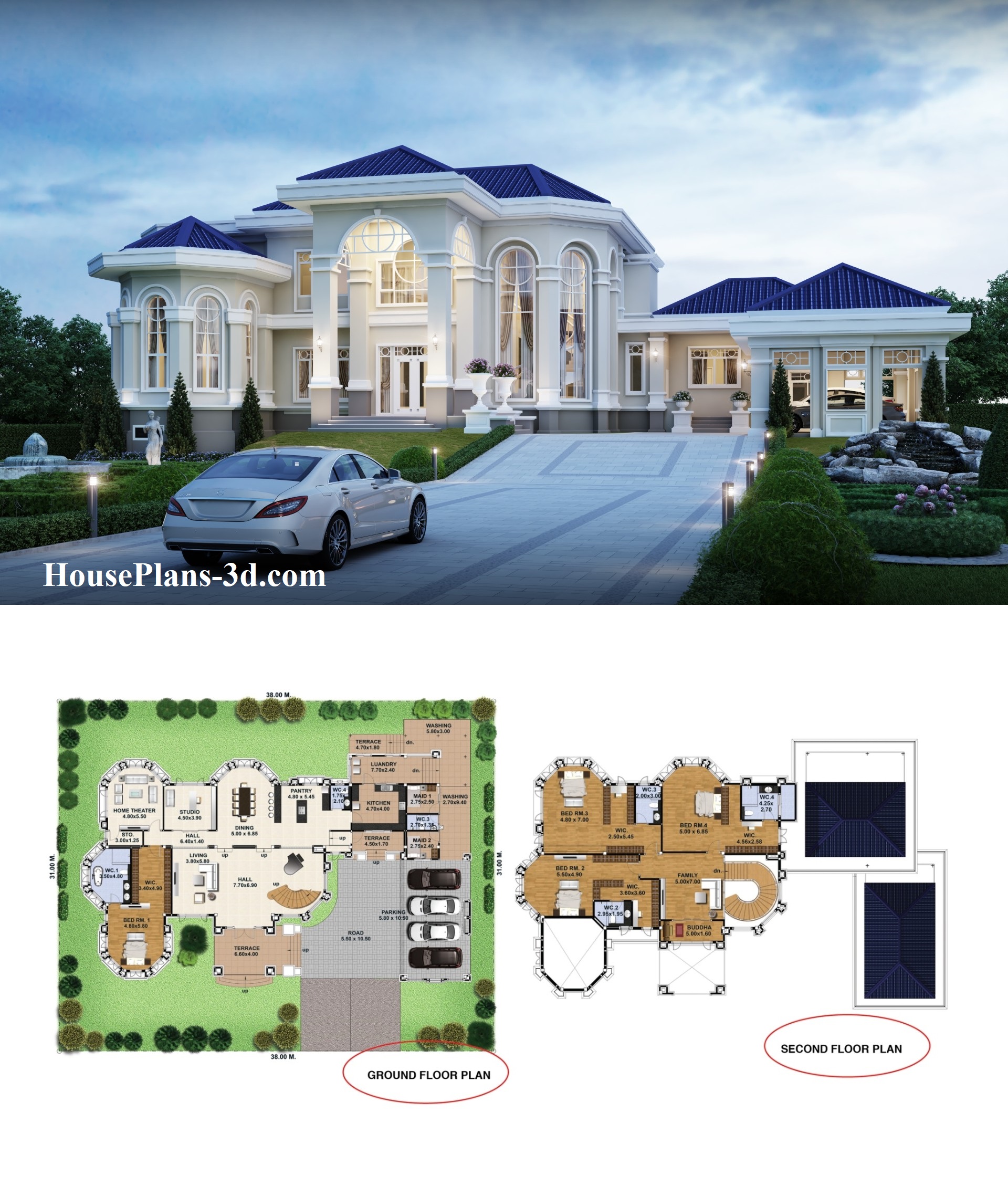 House Design Plot 38x31 Meter 4 Beds 6 Baths - House Plans 3D