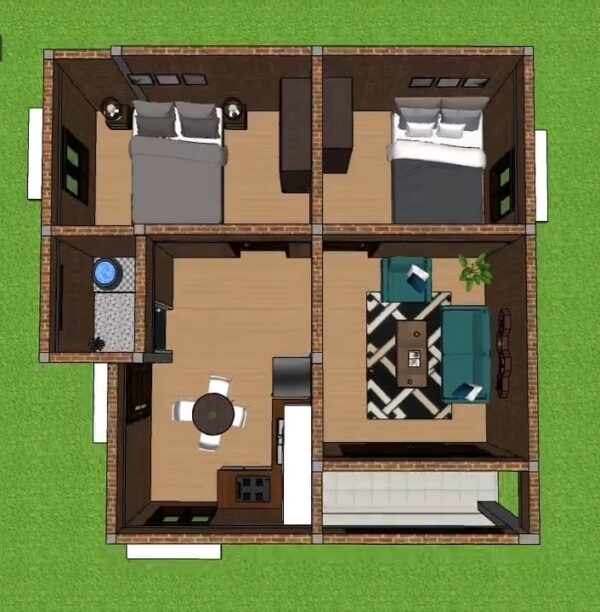 23x23 Simple House Plans 7x7M 2 Beds 1 Bath - House Plans 3D