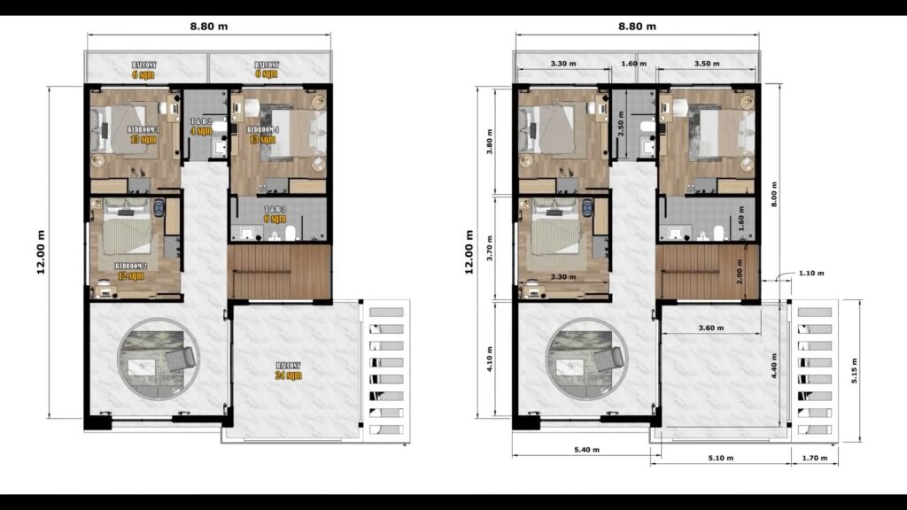39x39 House Design Plan 12x12 Meter 4 Bedrooms 3 Baths - House Plans 3D