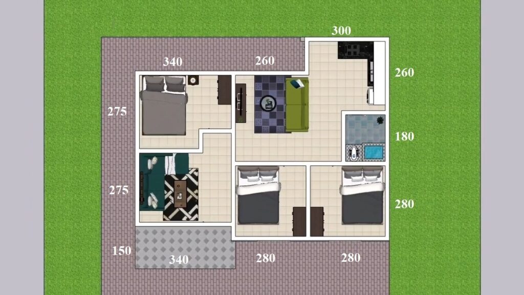 Simple House Design 11x10 Meter Home Plan 36x33 Feet 3 Bed - House Plans 3D