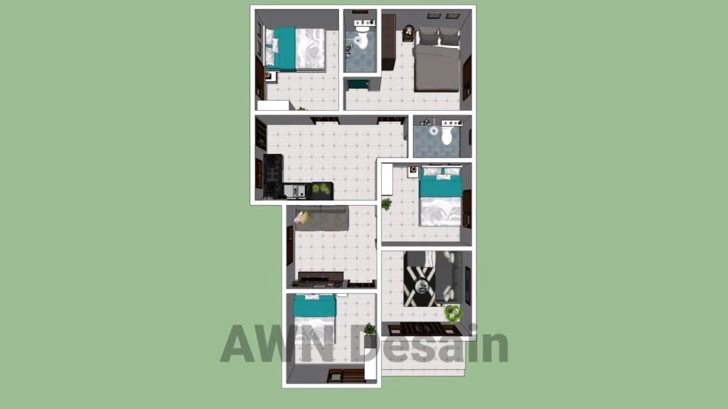 Simple House Design 7x12 Meter Home Plan 23x39 Feet 4 Beds - House Plans 3D