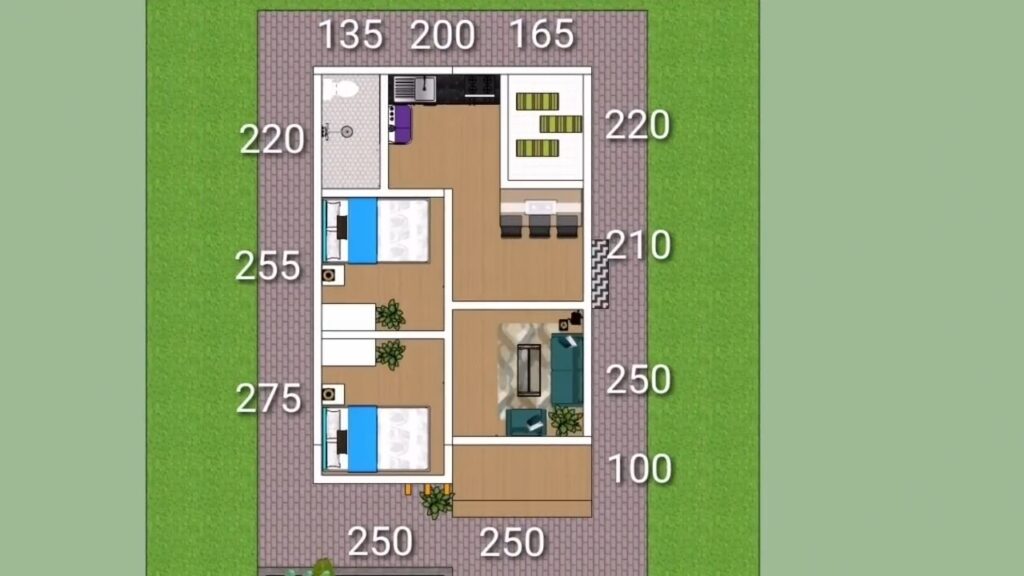 Small House Design 5x7 Meter Simple Plan 17x23 Feet 2 Bed - House Plans 3D