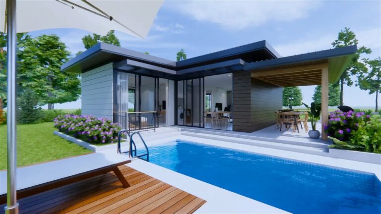 House Plans 3d 7x9 Meter 2 Bed 1 Bath with Swimming Pool - House Plans 3D