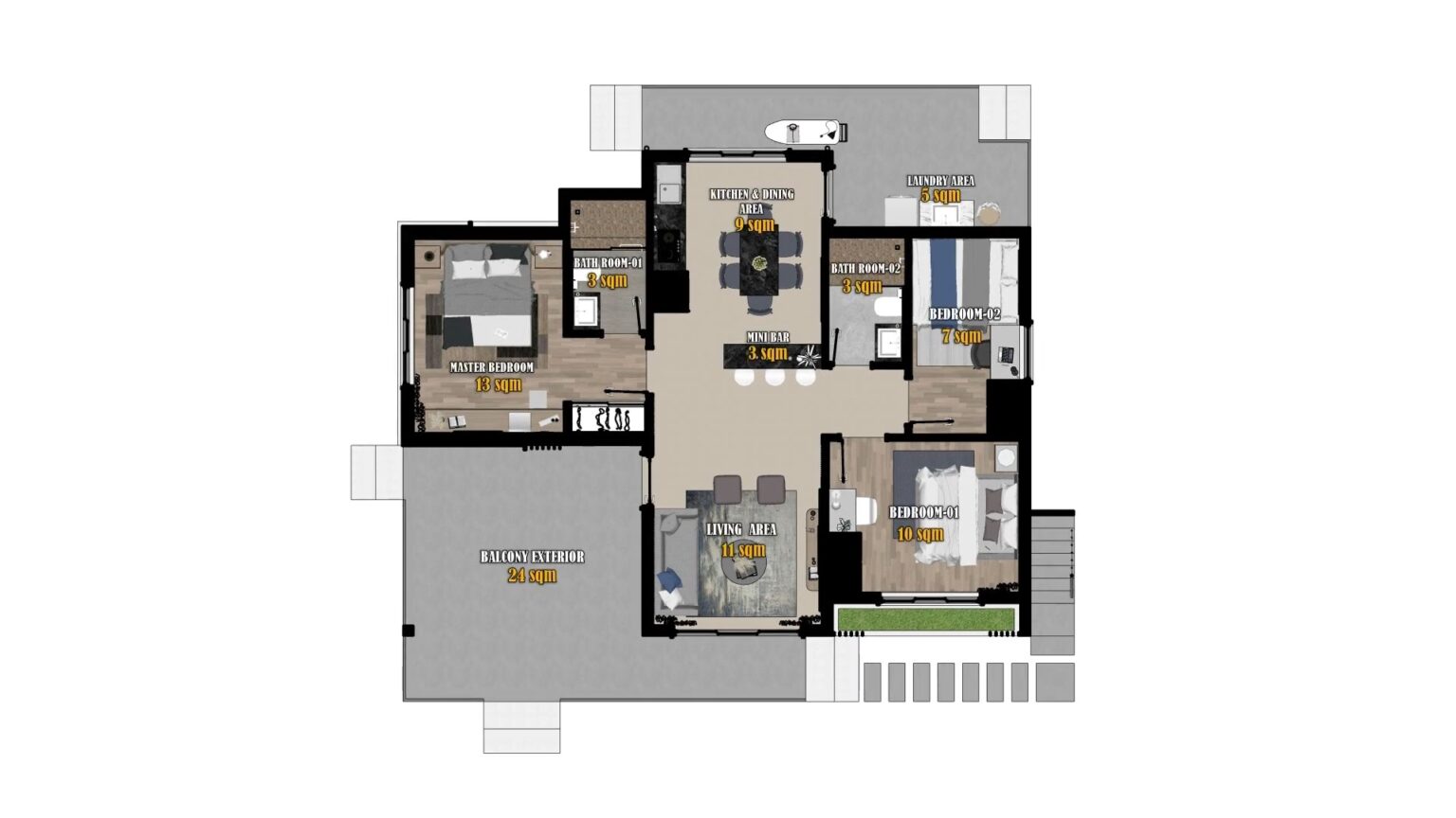 Small House Design 11.5x8.8 Meter 38x29 Feet 3 Bed - House Plans 3D