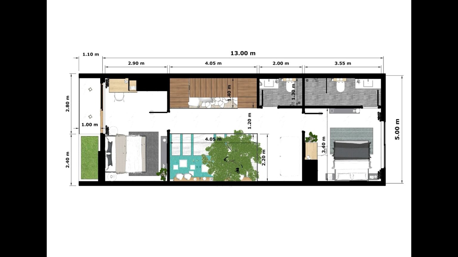 Small House Design 5x15 Meter House Plans 17x49 Feet 2 Bed 3 Bath ...