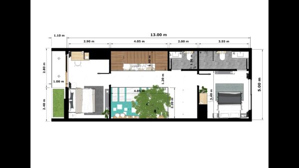 Small House Design 5x15 Meter House Plans 17x49 Feet 2 Bed 3 Bath ...