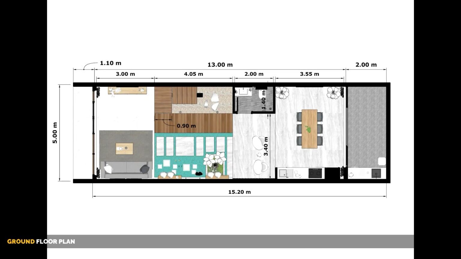 Small House Design 5x15 Meter House Plans 17x49 Feet 2 Bed 3 Bath ...