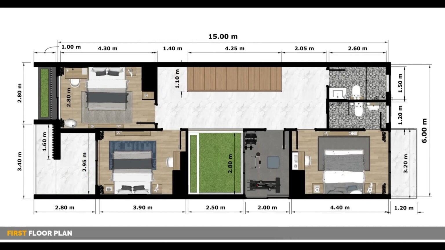 Small House Design 6x15 M House Plans 20x49 Feet 3 Bed 3 Bath Flat Roof ...