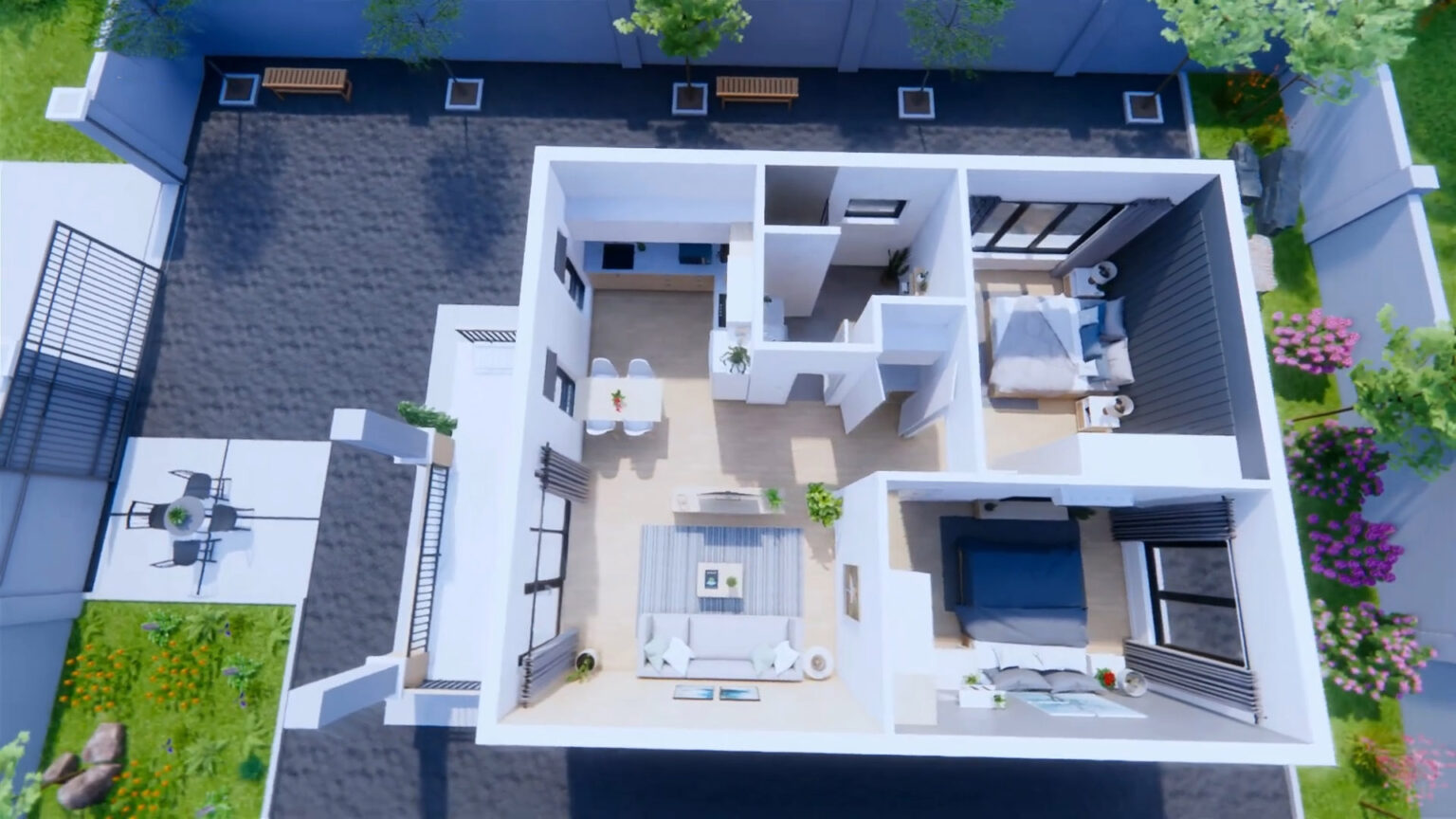 Small House Plan 23x30 Feet House Design 7x9 Meter 2 Bed - House Plans 3D